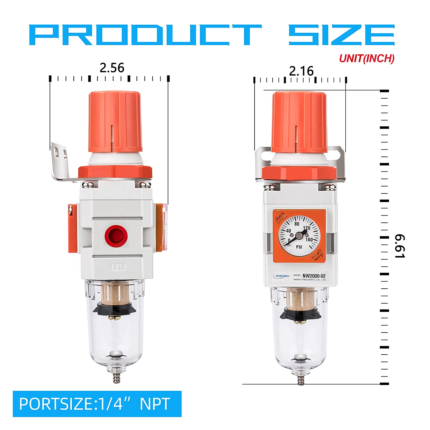 NANPU NW2000-02 1/4" NPT Embedded Gauge Compressed Air Filter/Regulator ...